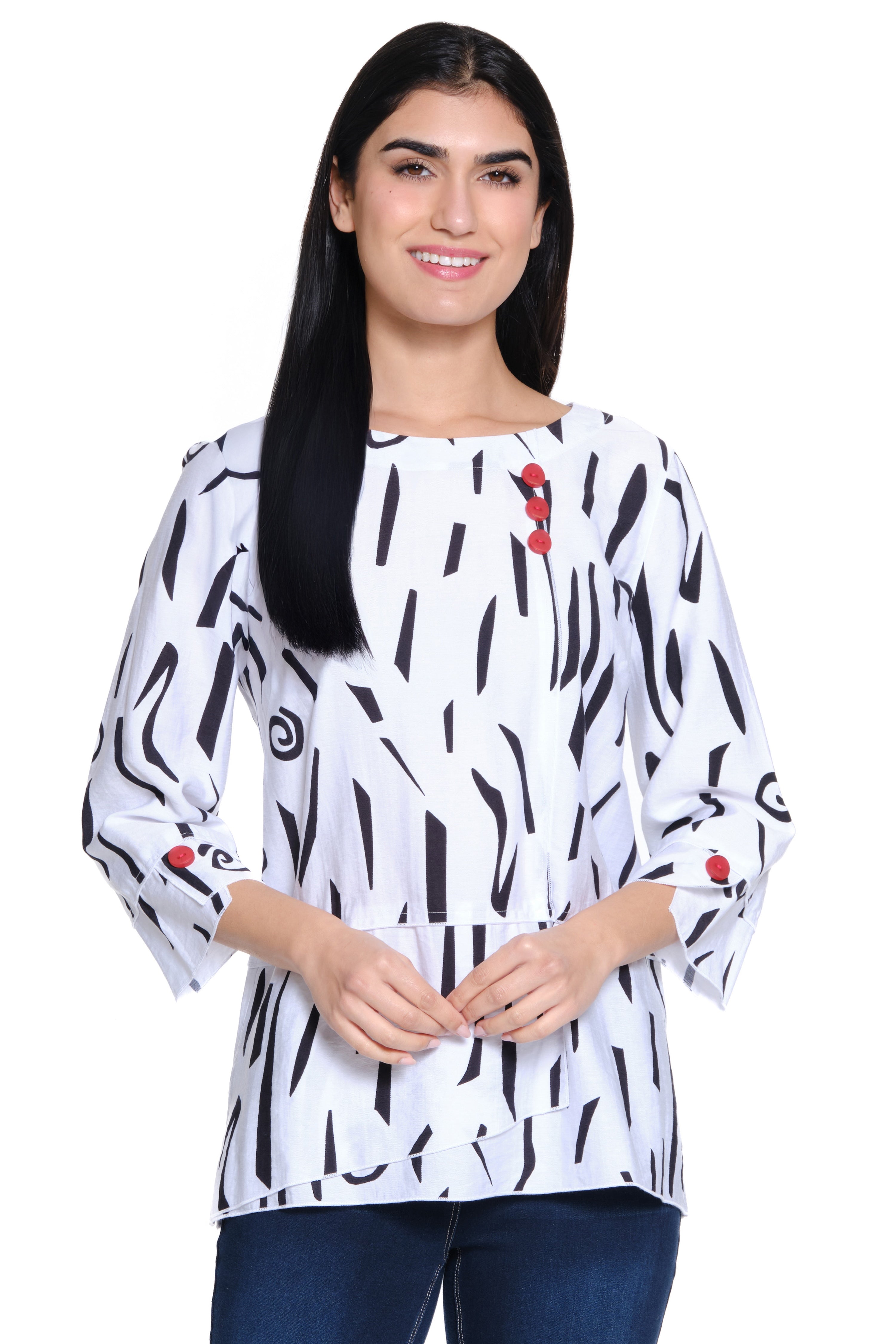 Woven Pop Over Tunic - Petite - Black/White Print – AliMiles.com